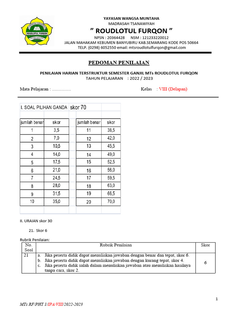 Pedoman Penskoran PHT 1 Mapel (...... ) KLS .... 2022-2023 | PDF