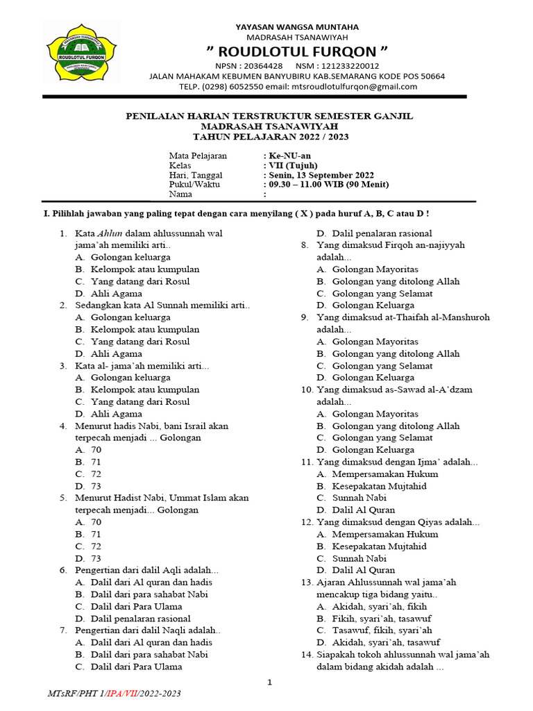 Butir Soal PHT 1 Mapel (..... ) KLS .... 2022-2023 | PDF