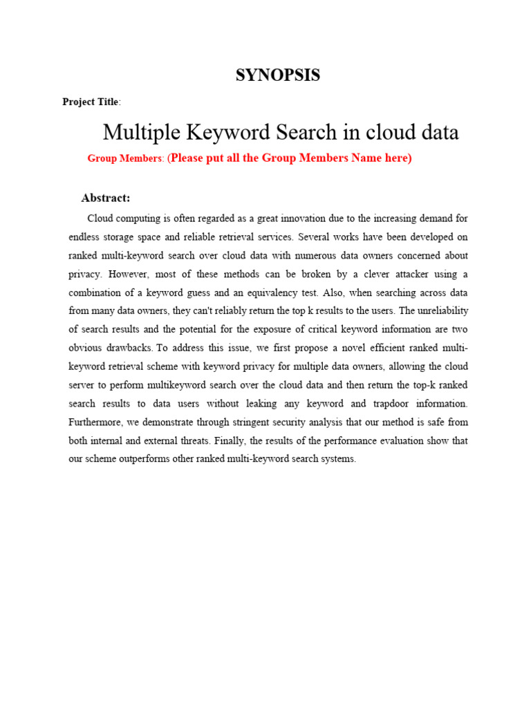 1 - Synopsis Multi Keyword Search in Cloud Data | PDF | Cloud Computing | Privacy