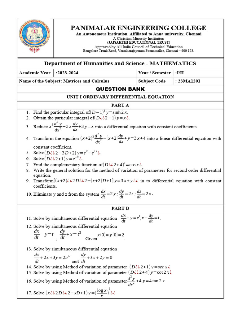 23ma1201 CVLT Coe Question Bank-1 | PDF | Equations | Ordinary ...