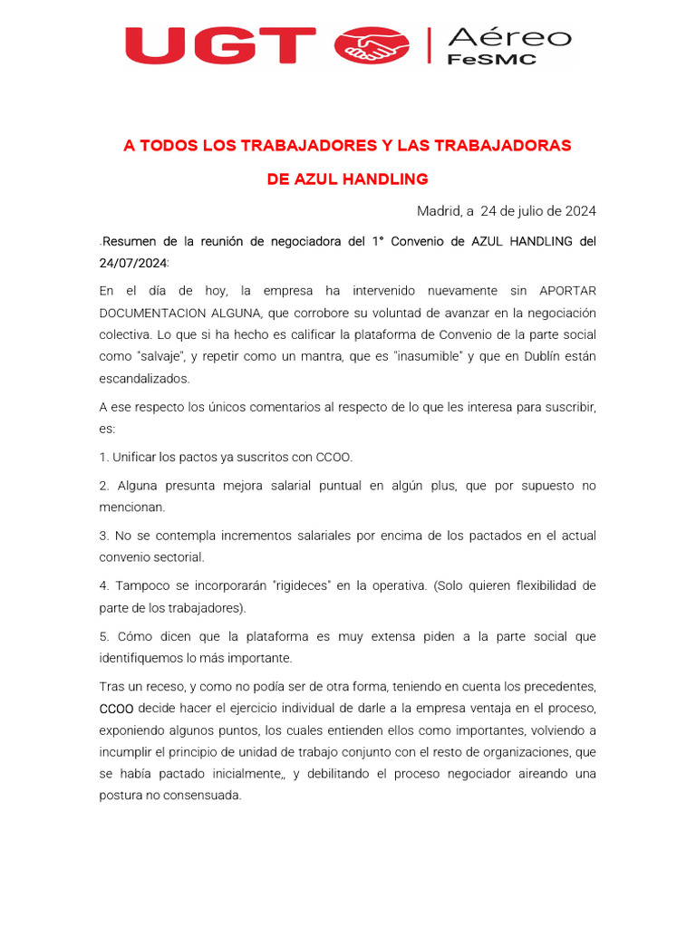 Comunicado FeSMC-UGT Azul Handling CONVENIO 24072024 | PDF