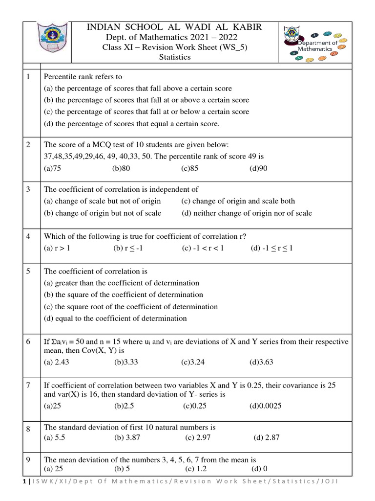 Class XI Statistics Revision Worksheet | PDF | Statistical Analysis ...