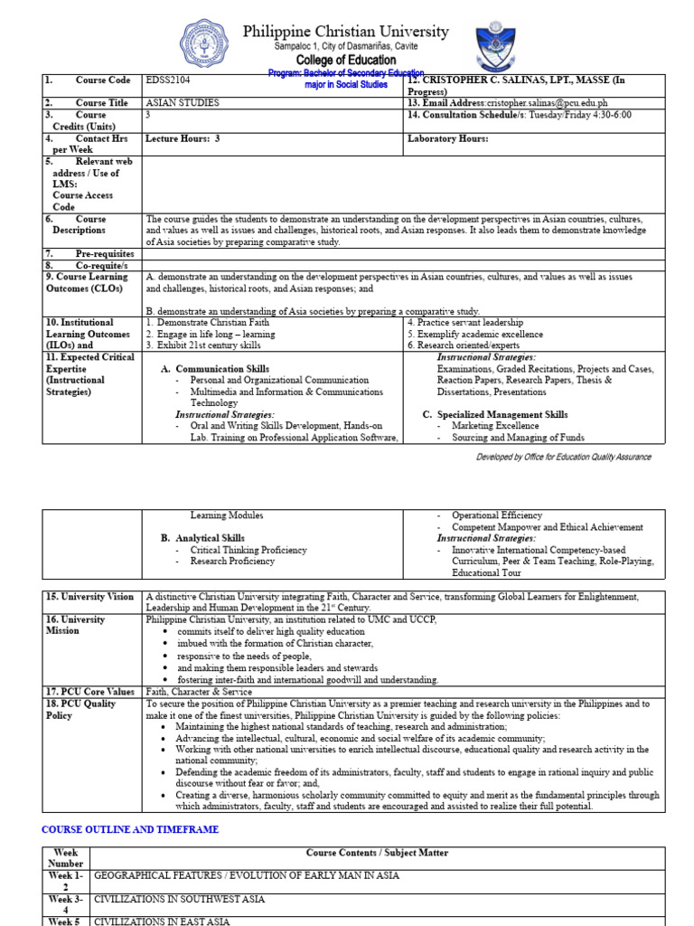 02 PCU OBE Syllabus Template February 12 2024 - BSEd Social Studies ASIAN STUDIES 1st Sem 2024 ...
