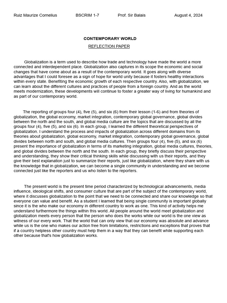 Reflection Paper | PDF | Globalization | Knowledge