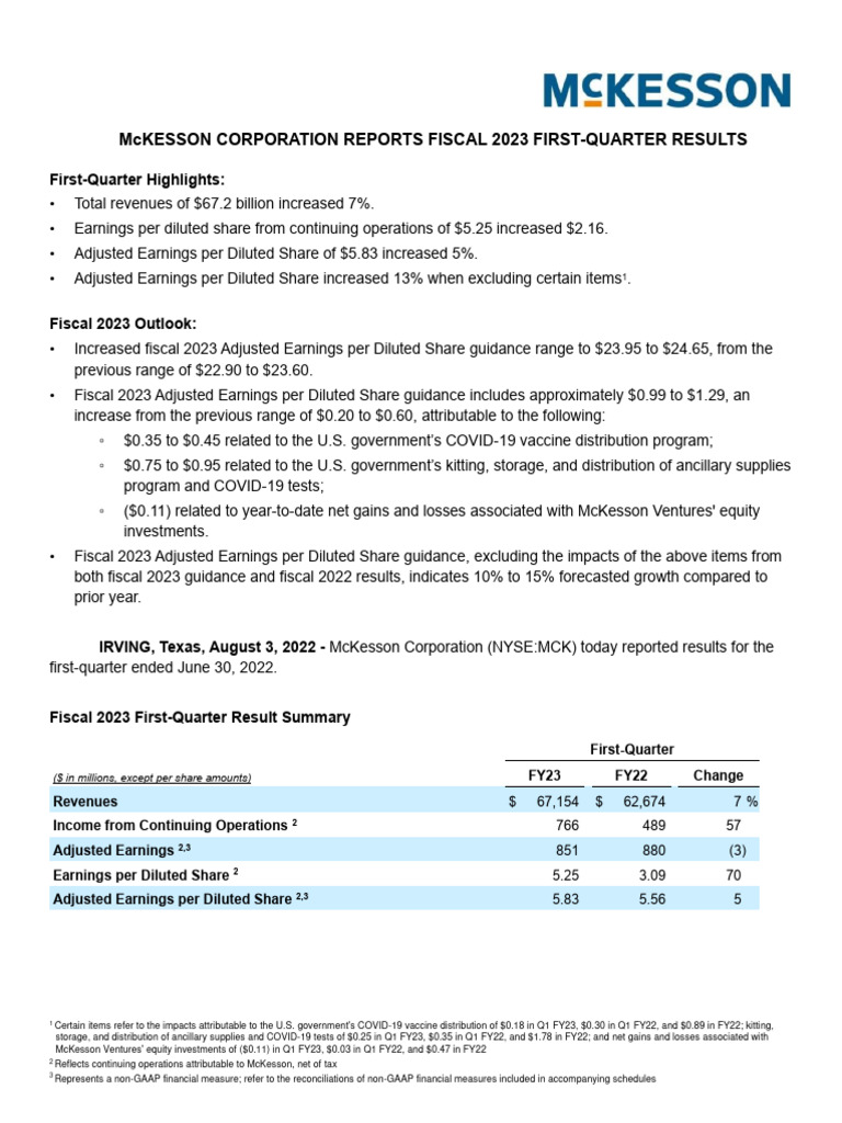 MCK Q1 FY23 Earnings Release - FINAL | PDF | Dividend | Share Repurchase