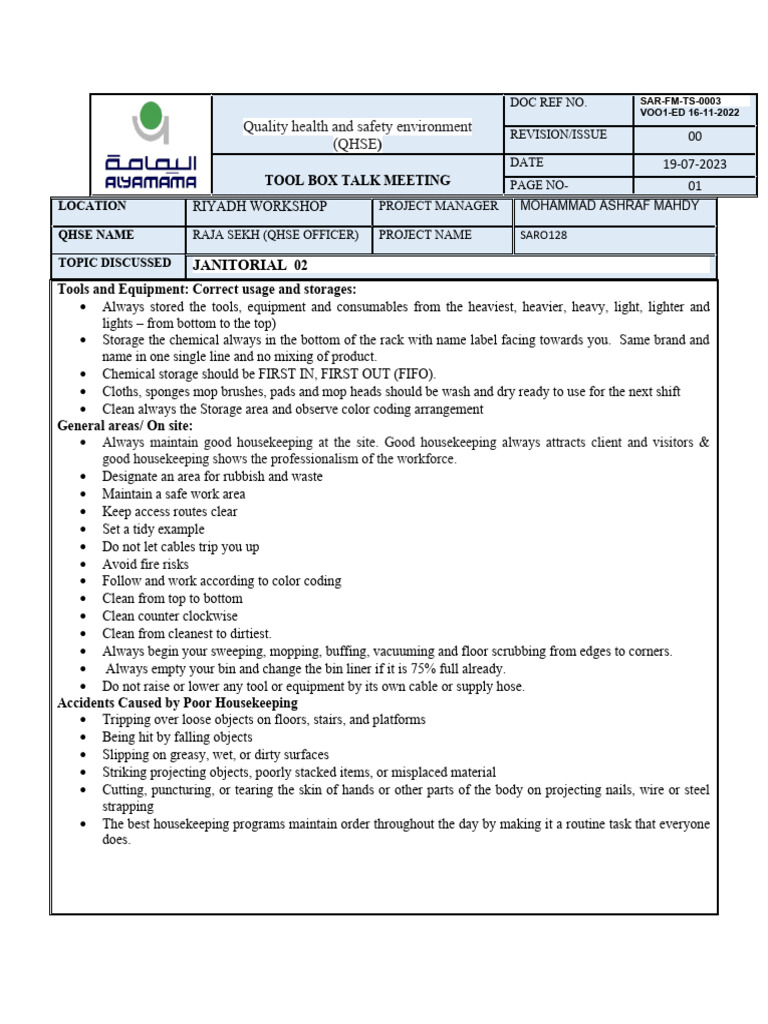 Riyadh Workshop Janitorial 02 TBT 2023 | PDF | Waste | Housekeeping