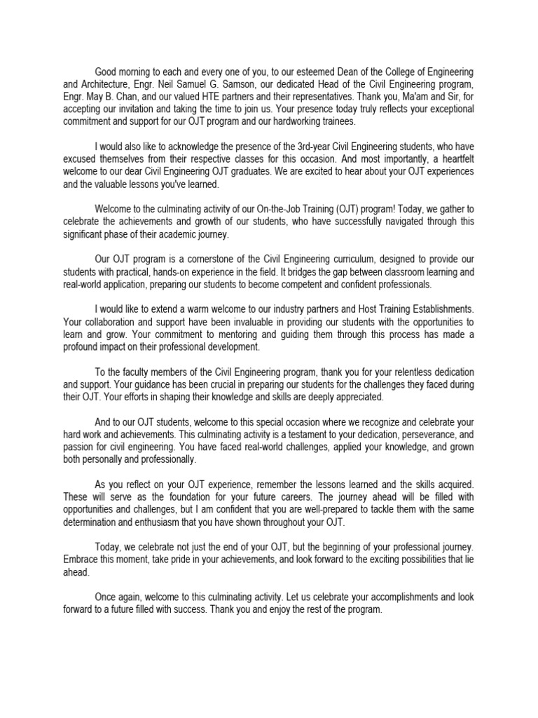 Welcome Speech OJT Culminating | PDF | Pedagogy | Education Theory
