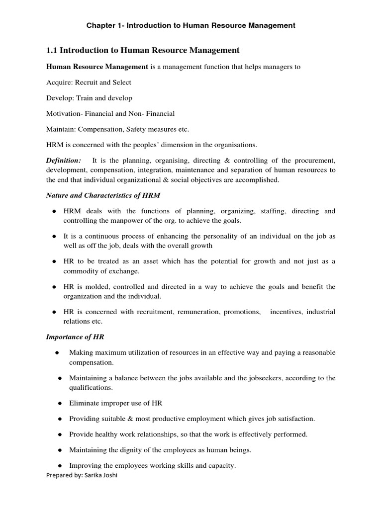 BSC HS Sem VI HS405 Human Resource Management Chapter 1 Introduction To ...