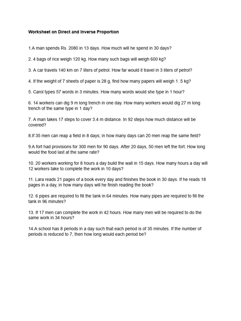 Worksheet On Direct and Inverse Proportion | PDF
