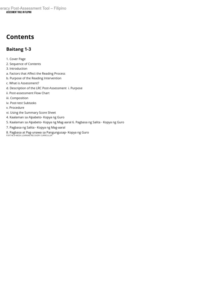 Filipino - LRC - Post-Assessment Tool - GR 1-3 - Ed | PDF | Reading ...