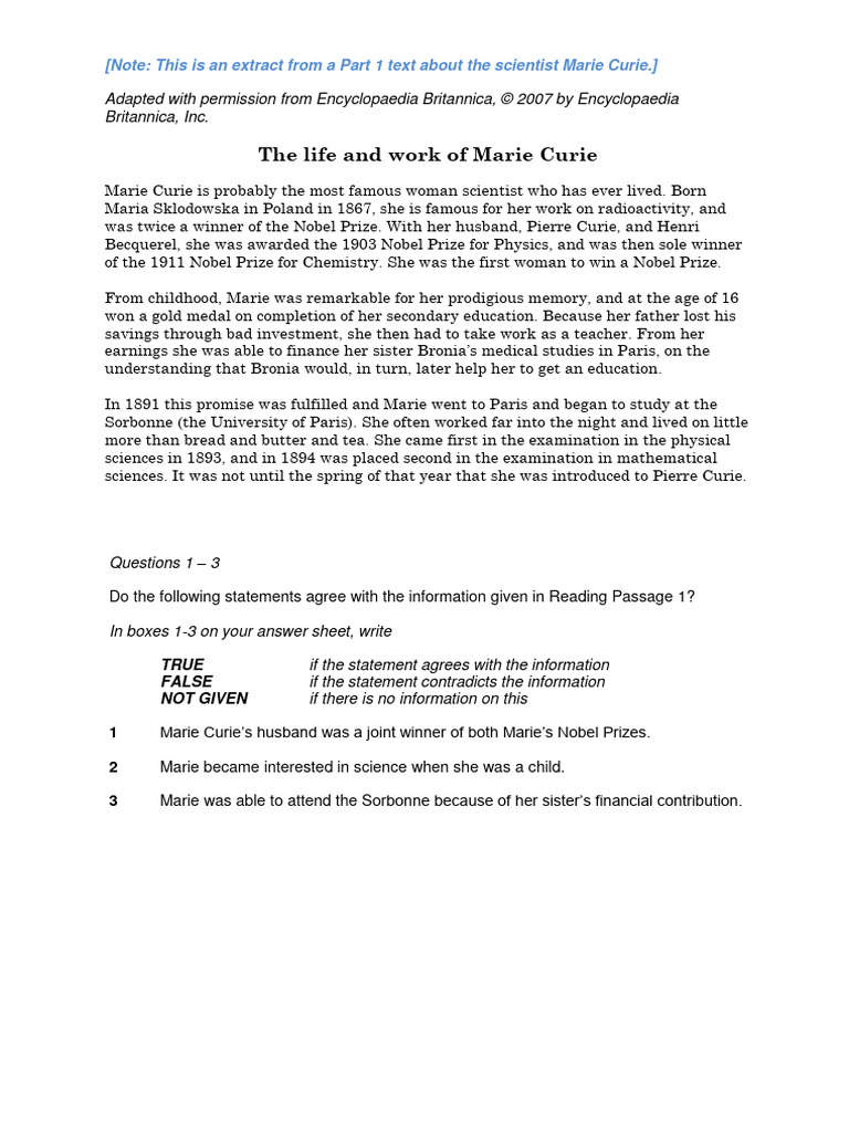 Academic Reading Sample Task Identifying Information True False Not Given | PDF | Marie Curie ...