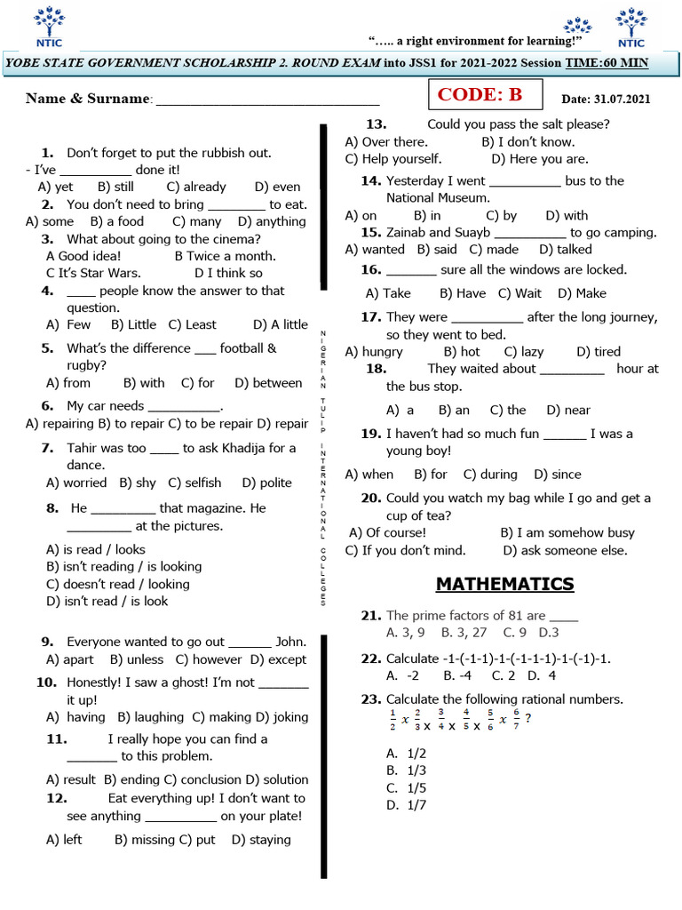 ROUND ENGLISH & MATHS 2021 CODE B - Changed | PDF | Numbers | Mathematics