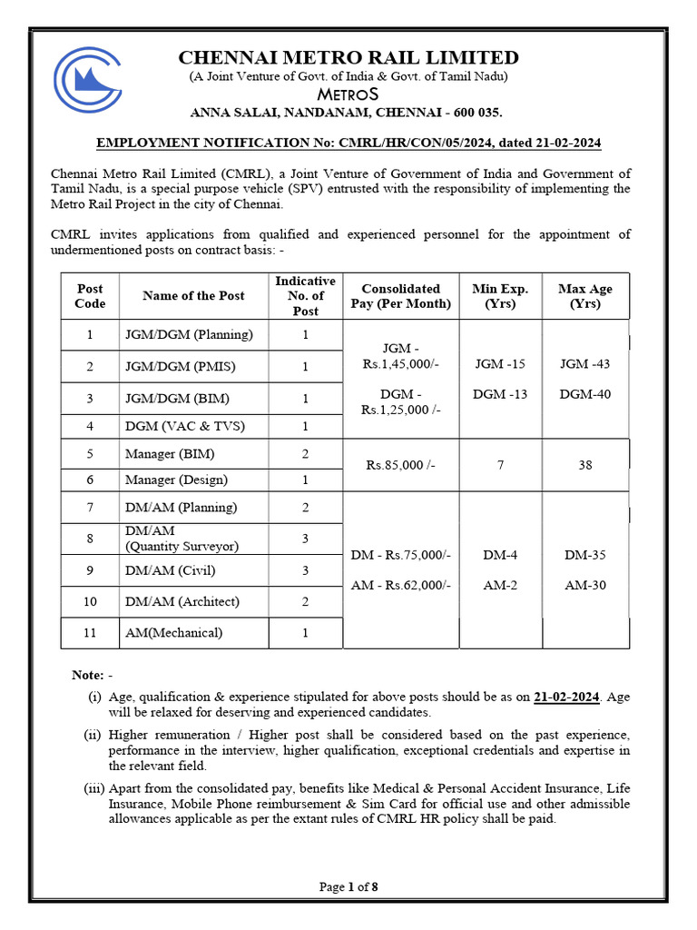 CMRL Employment Notification No. CMRL HR CON 05 2024 Dated 21 02 2024 ...
