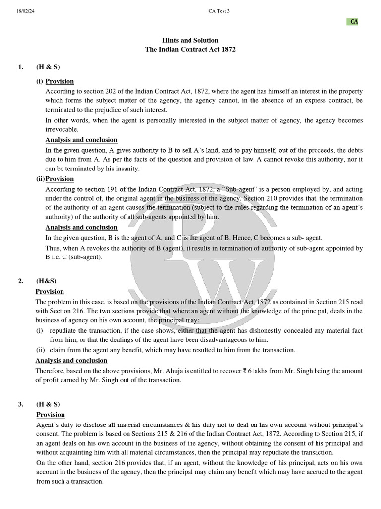 Hints and Solution The Indian Contract Act 1872 1. (H & S) (I ...