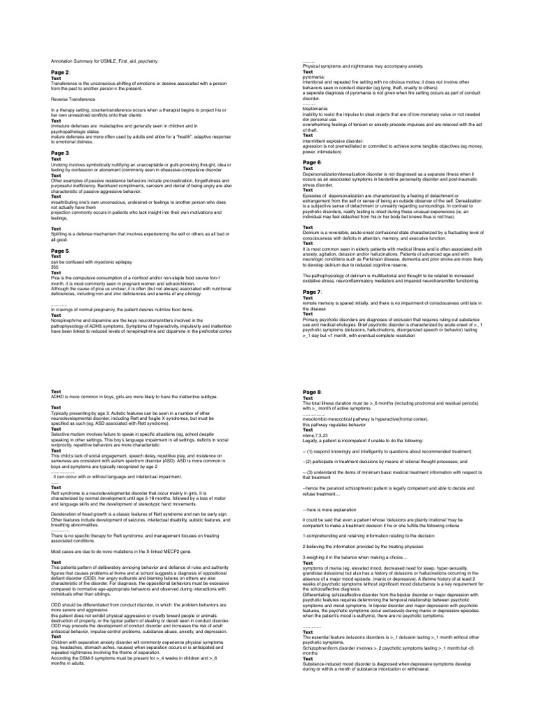 USMLE First Aid Psychatry - Annotation Summary | PDF | Mania | Major ...
