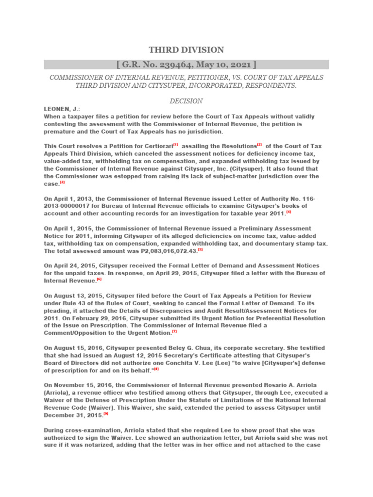 CIR Vs CTA and Citysuper Inc | PDF | Internal Revenue Service | Appeal