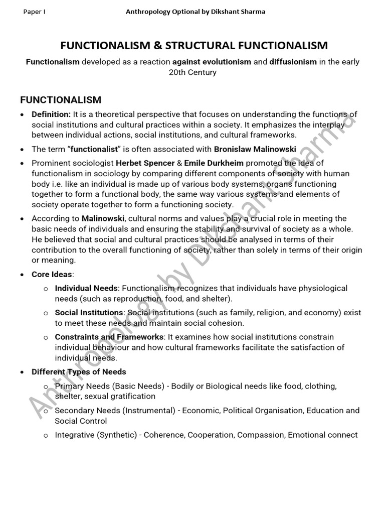 Functionalism & Structural Functionalism - Anthropology Optional | PDF ...