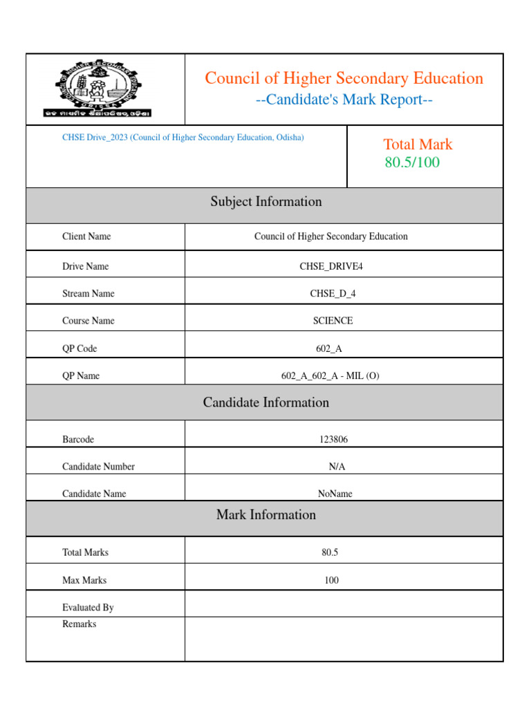 Council of Higher Secondary Education: - Candidate's Mark Report | PDF
