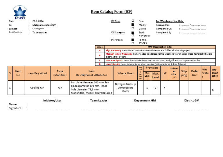 Item Catalog Form for Cooling Fan | PDF
