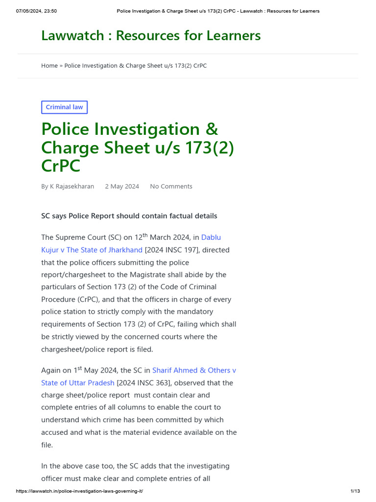 Police Investigation & Charge Sheet U - S 173 (2) CRPC - Lawwatch ...
