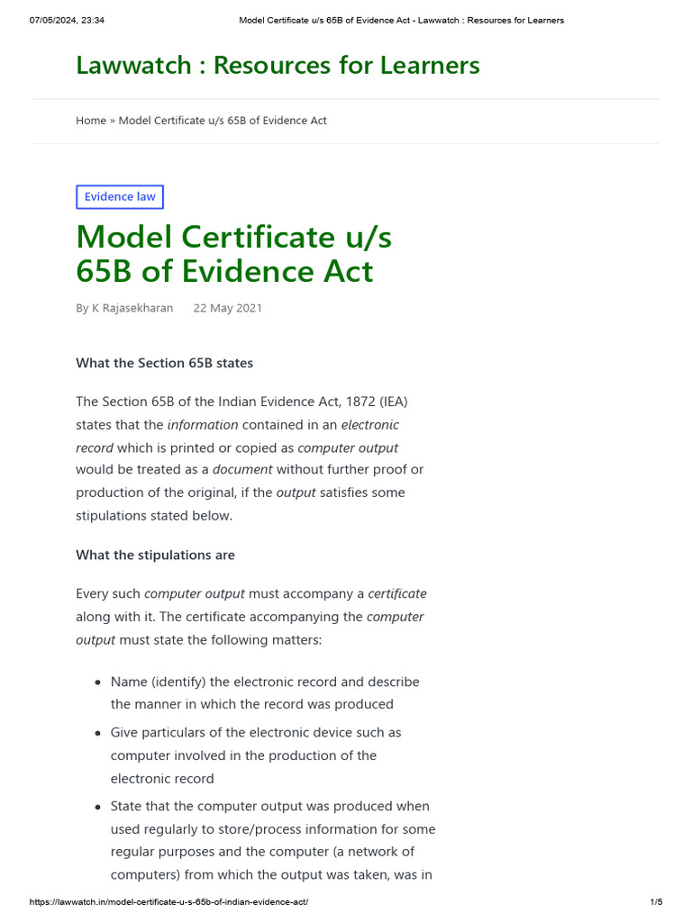 Model Certificate U - S 65B of Evidence Act - Lawwatch - Resources For ...