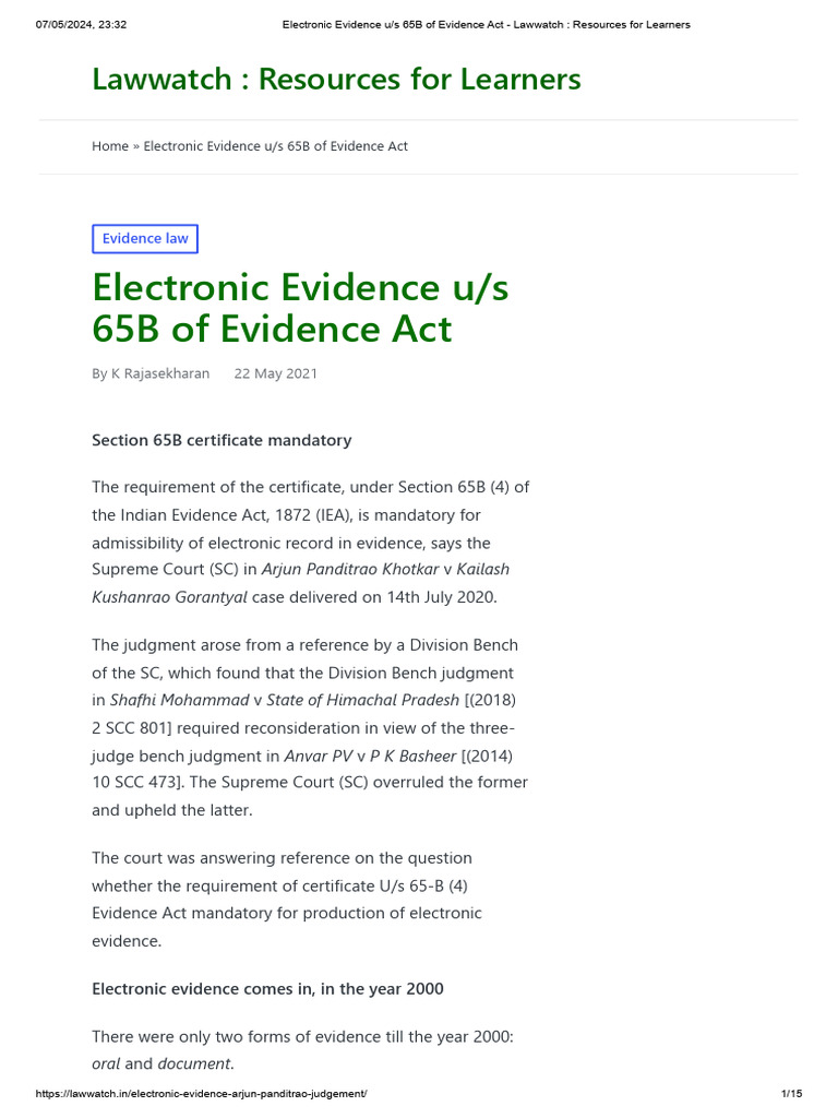 Electronic Evidence U - S 65B of Evidence Act - Lawwatch - Resources For Learners | PDF ...