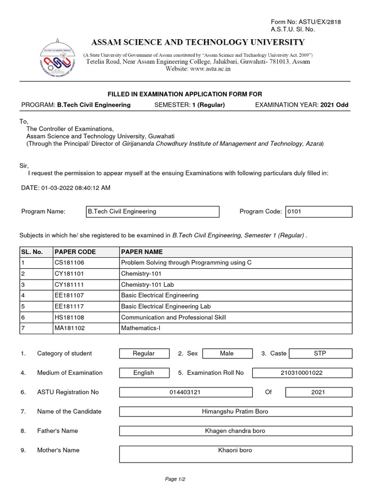 Filled in Examination Application Form For: Page 1/2 | PDF