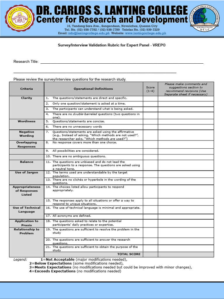 Form10-Survey-Interview Validarion Rubric For Expert Panel (VREP) | PDF ...