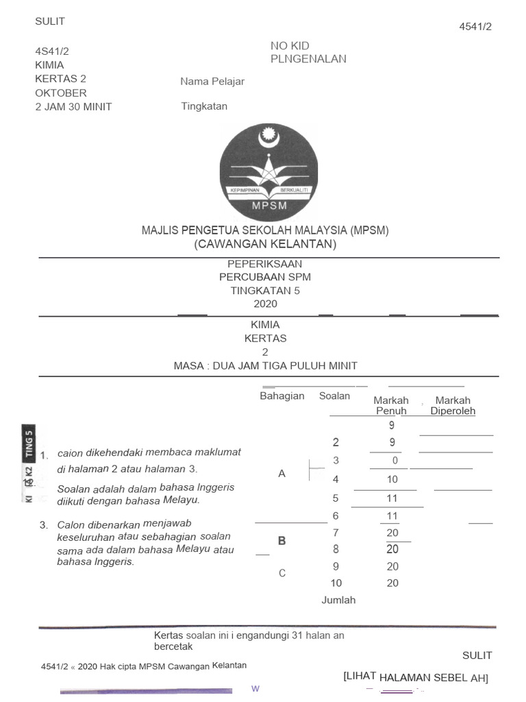 Kelantan - Kimia K2 Trial SPM 2020 | PDF