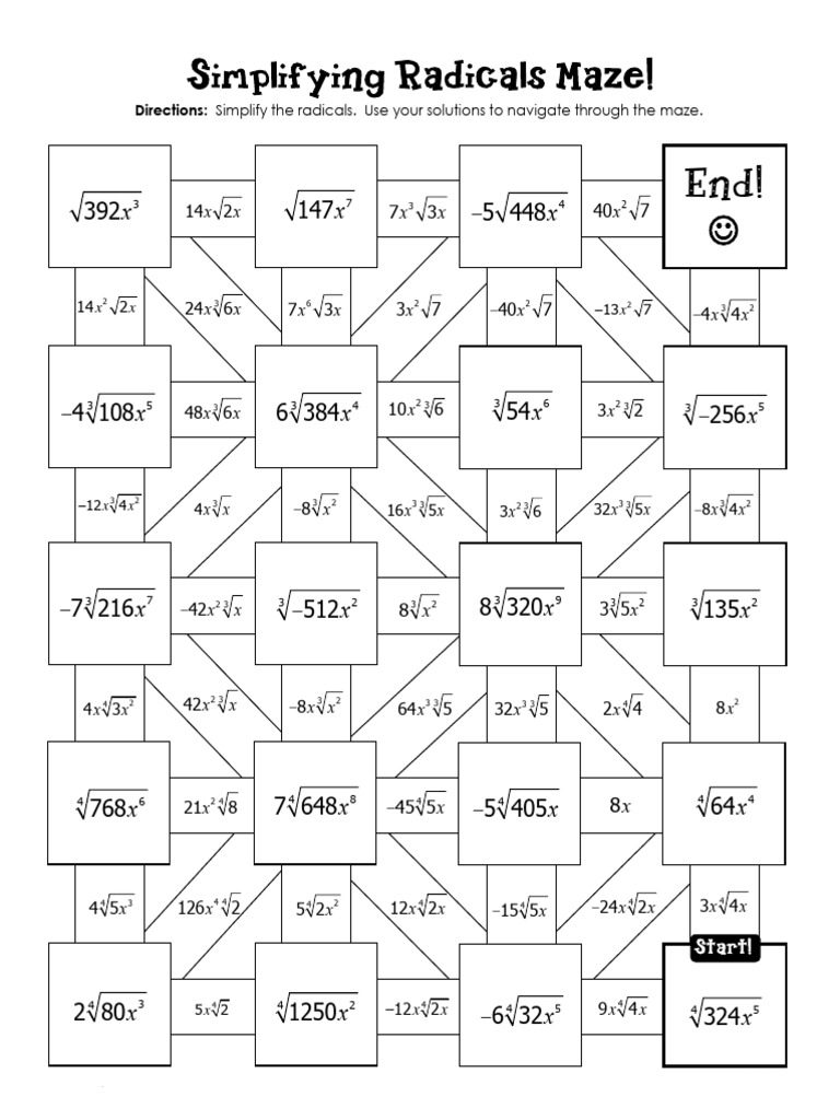 Simplifying Radicals Maze!: Directions: Simplify The Radicals. Use Your ...
