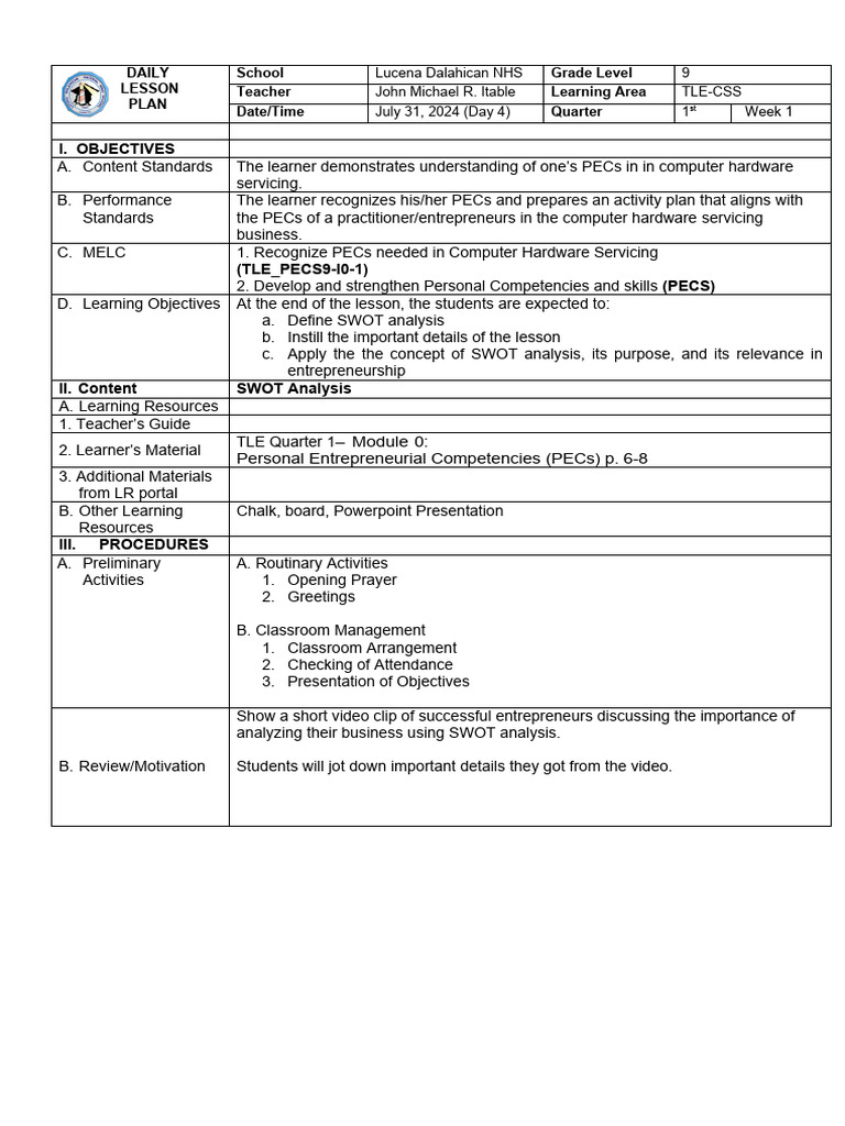 Grade 9 TLE Daily Lesson Plan: SWOT Analysis | PDF | Swot Analysis ...