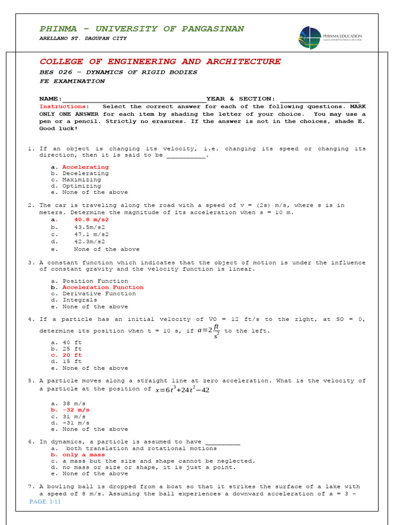 Bes 026 Final Exam | PDF | Acceleration | Force
