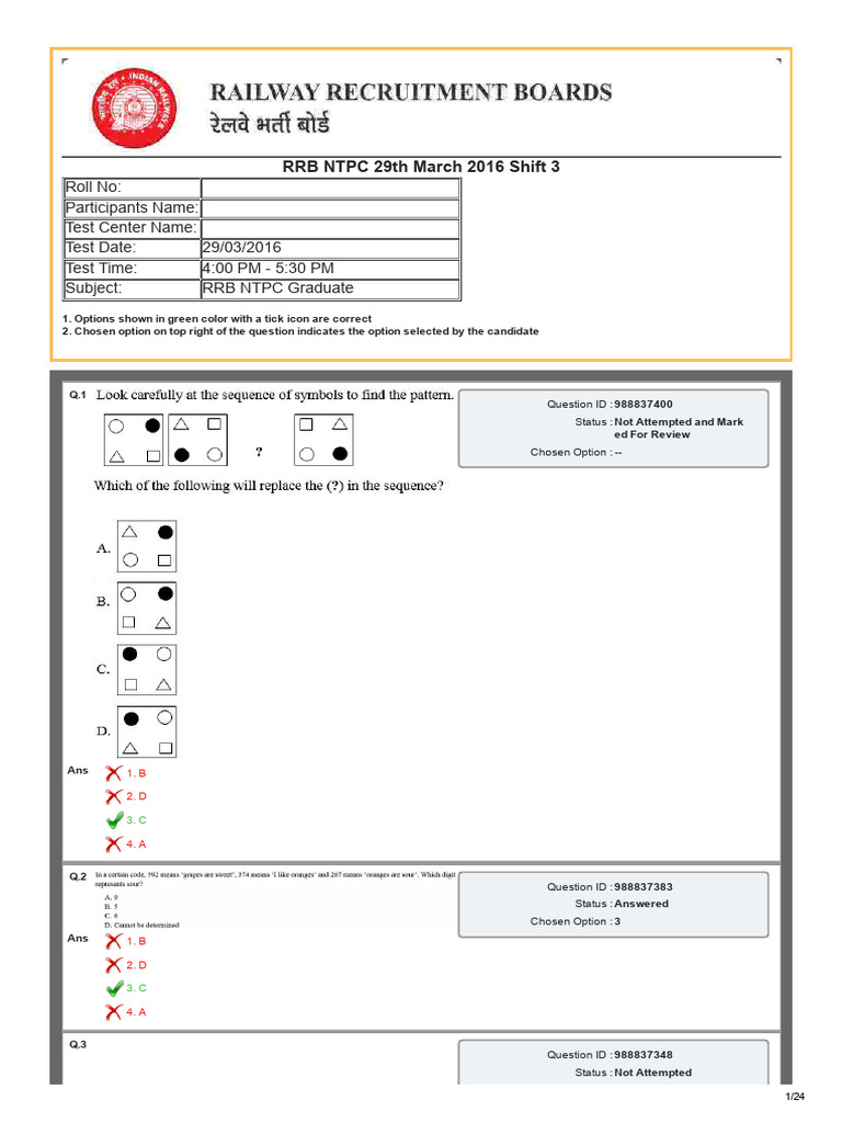 RRB NTPC Tier 1 Exam Paper CEN 03 2015 Held On 29 03 2016 Shift 3 | PDF ...