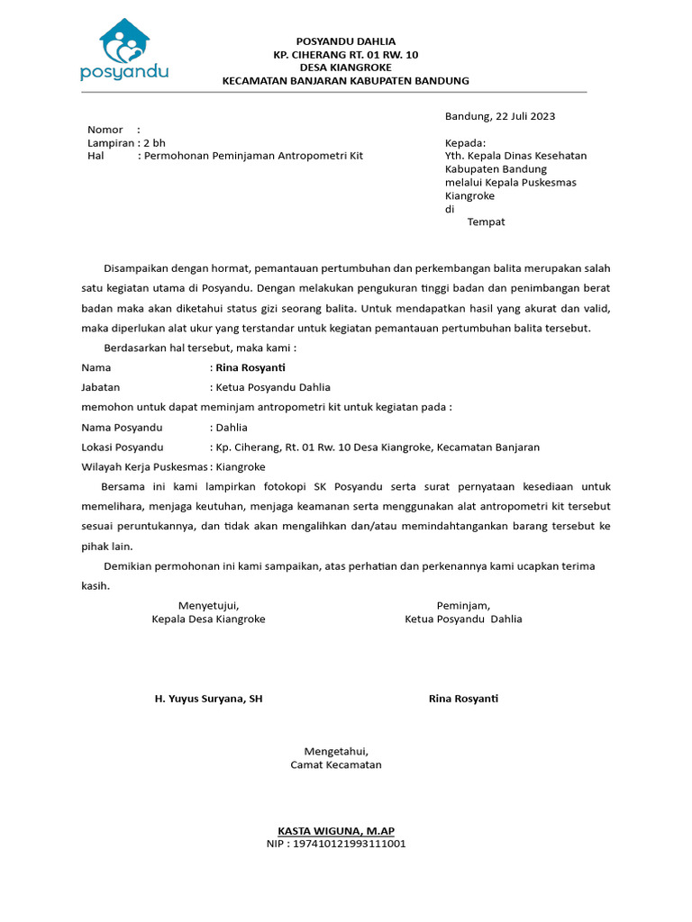 Surat - Permohonan - Posyandu DAHLIA - Dan - Pernyataan | PDF