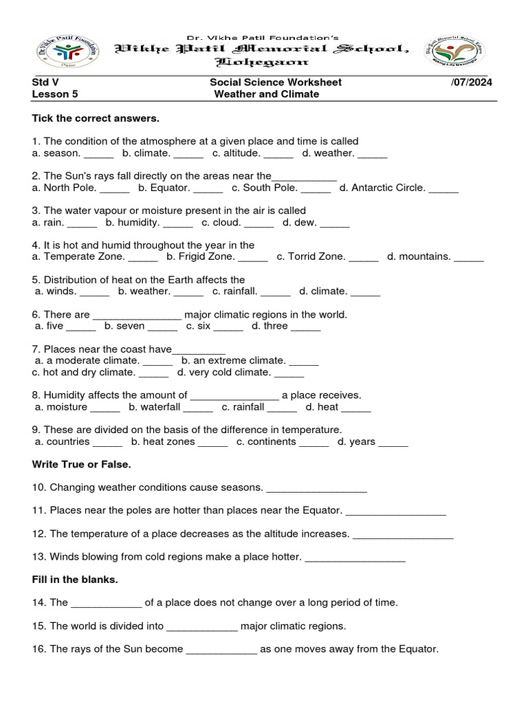 Class 5 Weather and Climate Worksheet | PDF | Climate | Weather