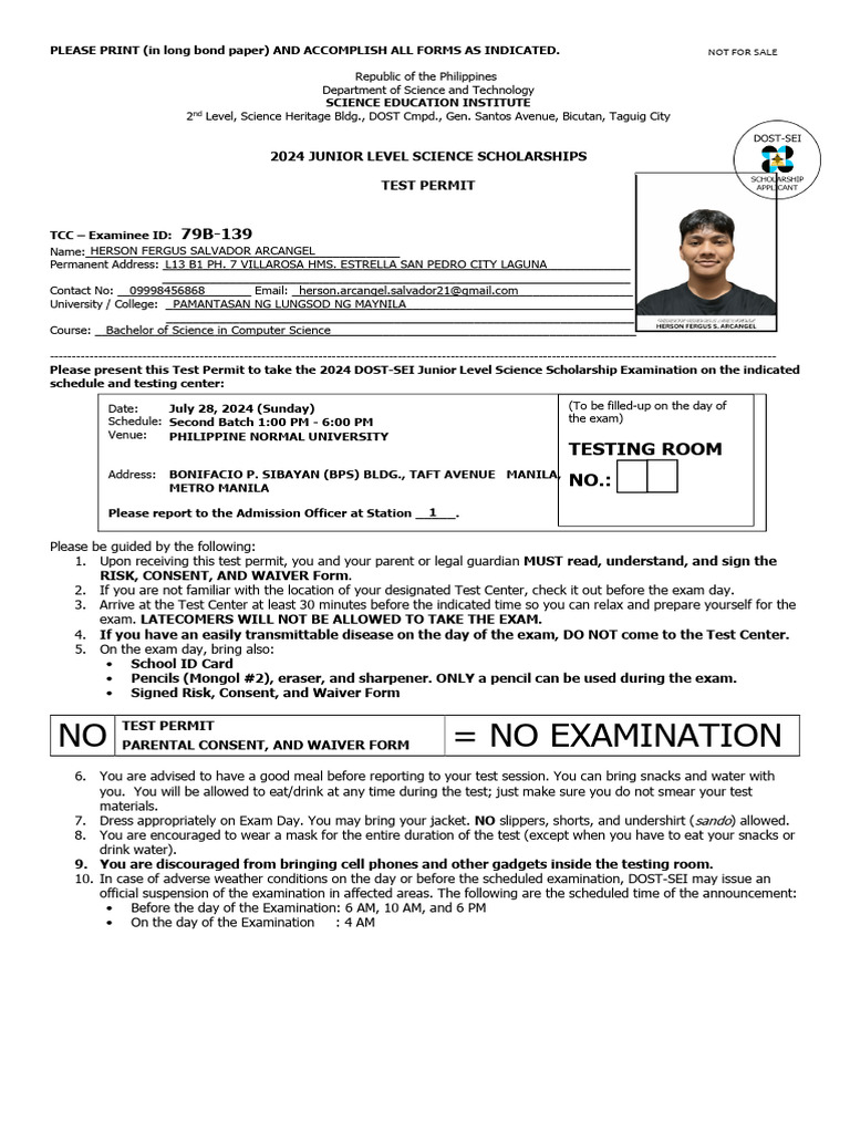 2024 DOST-SEI Scholarship Test Permit | PDF | Diseases And Disorders