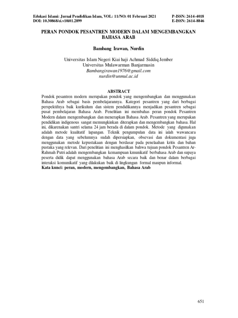 Junal Peran Podok Modern Dalam Mengebangkan Bahasa Arab Santri | PDF