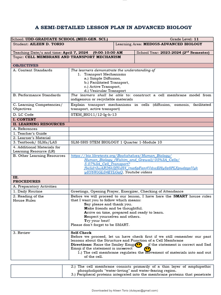 Semi-Detailed Lesson Plan Cell Membrane and Transport Mechamism | PDF ...