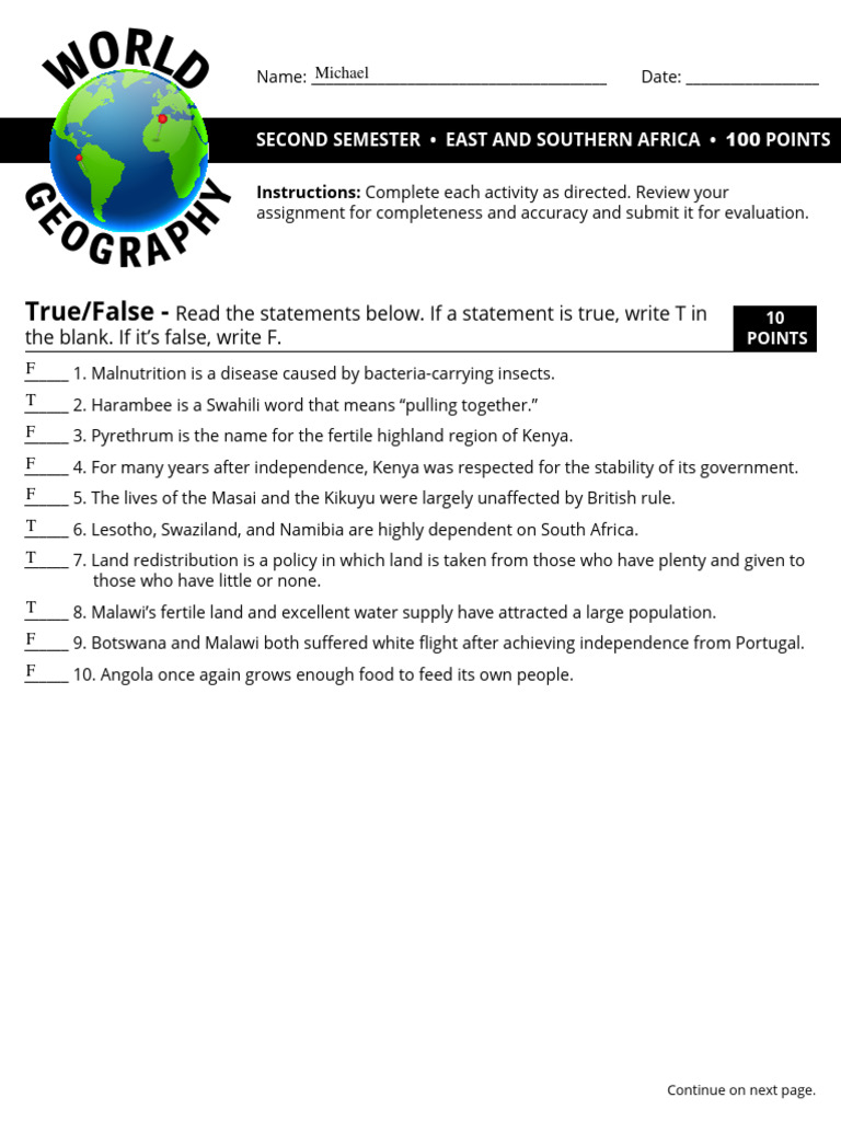 World Geography East and Southern Africa Worksheet | PDF | East Africa ...