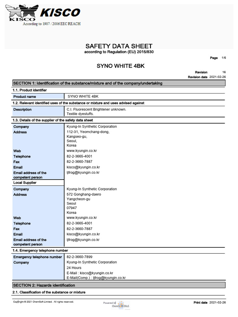 Syno White 4BK (Eng) | PDF | Toxicity | Occupational Safety And Health
