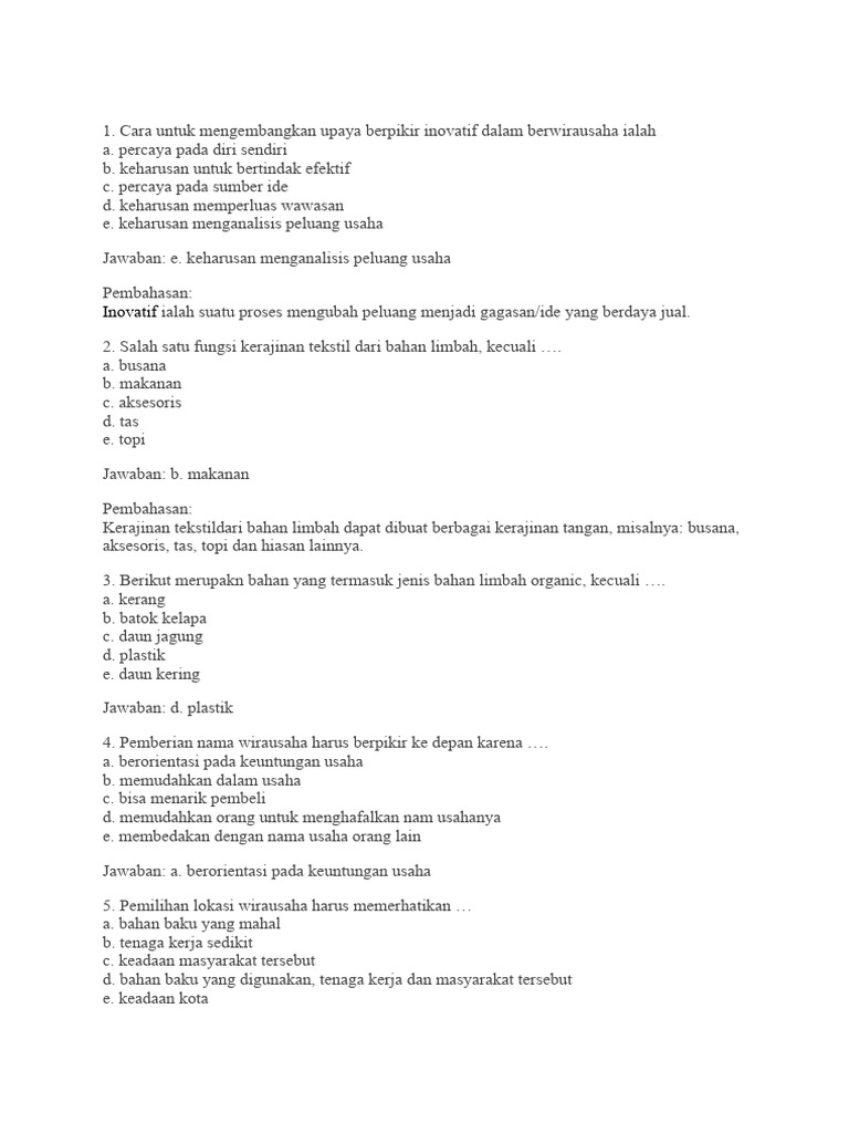 Soal Dan Kunci PKWU Semester Ganjil Kls XI 2023 Asli | PDF