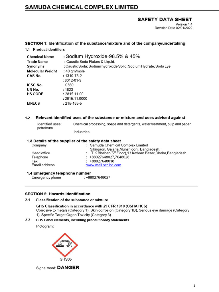 Caustic Soda - MSDS - Flakes & Liquid | PDF | Sodium Hydroxide | Safety
