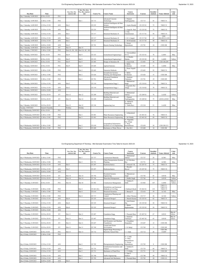 Mid Sem Timetable - Autumn 2023-24 - Sep - 12 - 2023 - S | PDF | Engineering | Science