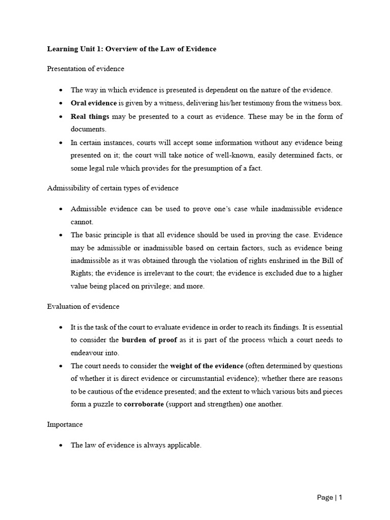 Law of Evidence N - Overview Notes | PDF | Evidence | Evidence (Law)
