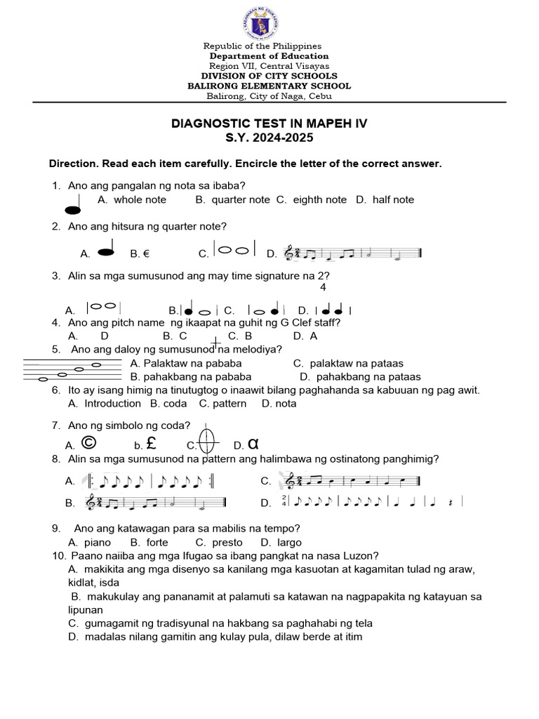 Diagnostic Grade 4 Mapeh | PDF