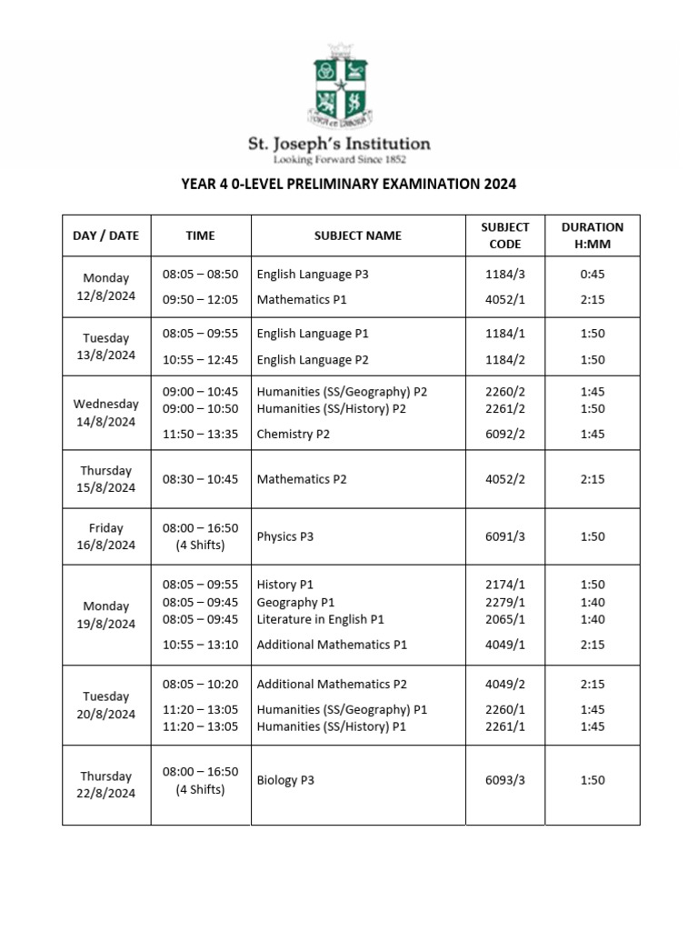2024 Year 4 Preliminary Examination Schedule_Final | PDF