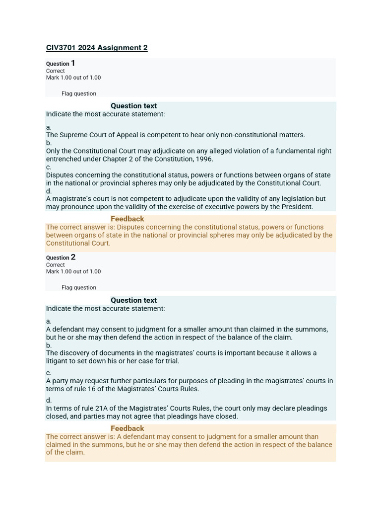 Civil Procedure MCQ Assignment 2 | PDF | Appeal | Judgment (Law)