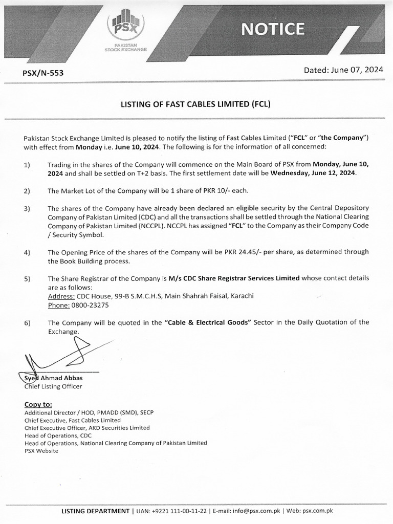 Listing of Fast Cables Limited (FCL) | PDF