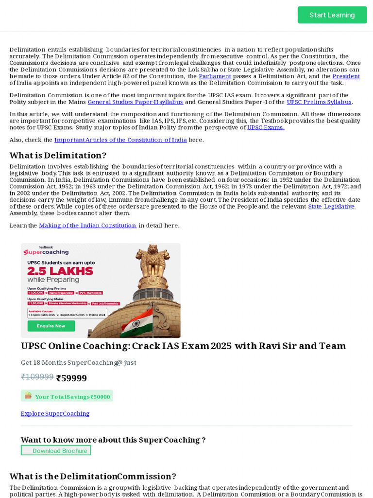 Delimitation Commission - Composition and Process - UPSC Notes | PDF