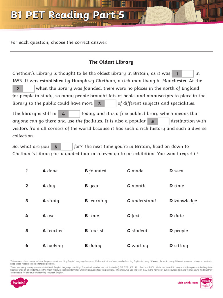 Pet Reading Part 5 Worksheet Library General b1 - Ver - 1 | PDF | English As A Second Or Foreign ...